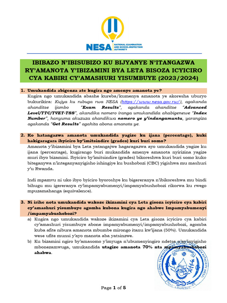 Ibibazo N Ibisubizo Bikunze Kubazwa Ku Itangazwa Ry Amanota Y