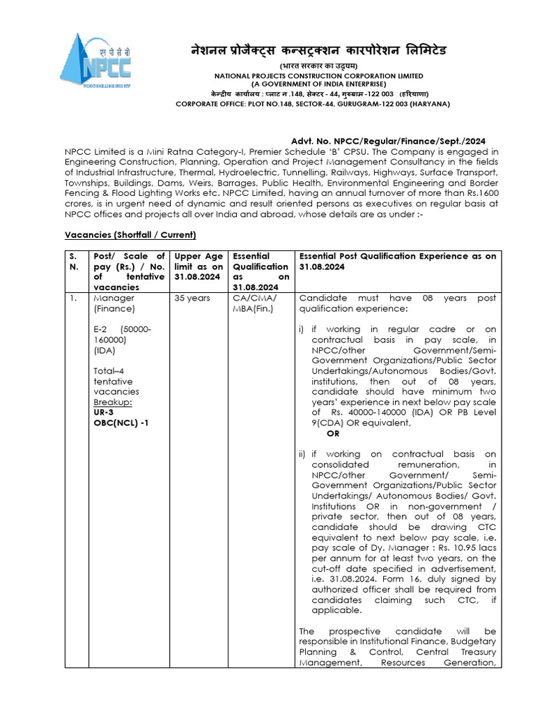 NPCC Finance Notification and Application Form 2024 IndGovtJobs | PDF