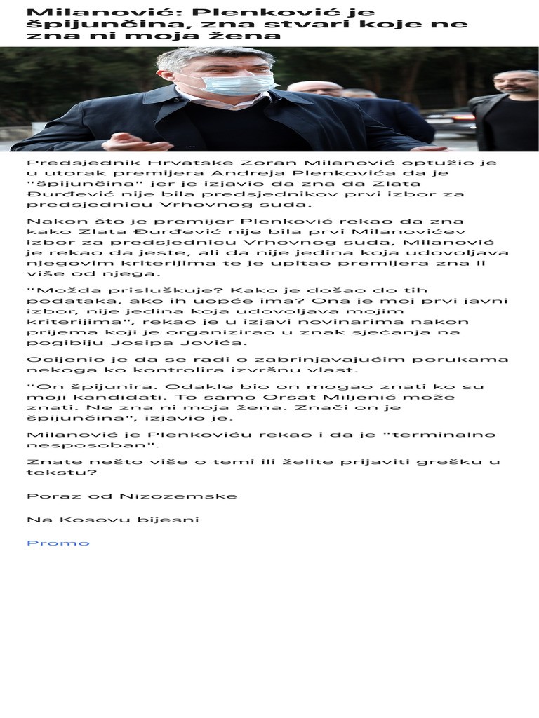 Milanović Plenković Je Špijunčina, Zna Stvari Koje Ne Zna Ni Moja Žena | PDF