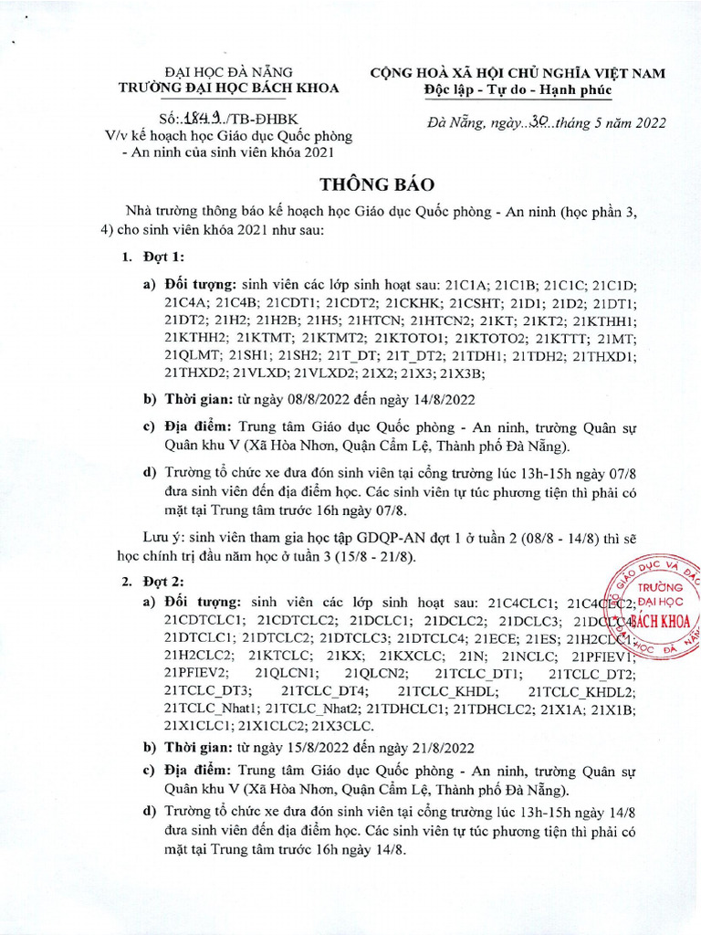 1849 DHBK TB Ke hoach GDQP - AN cua sv K2021_0001 | PDF