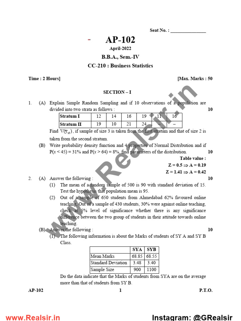 BBA Sem 4 CC 210 Business Statistics - 2022 | PDF | Probability ...
