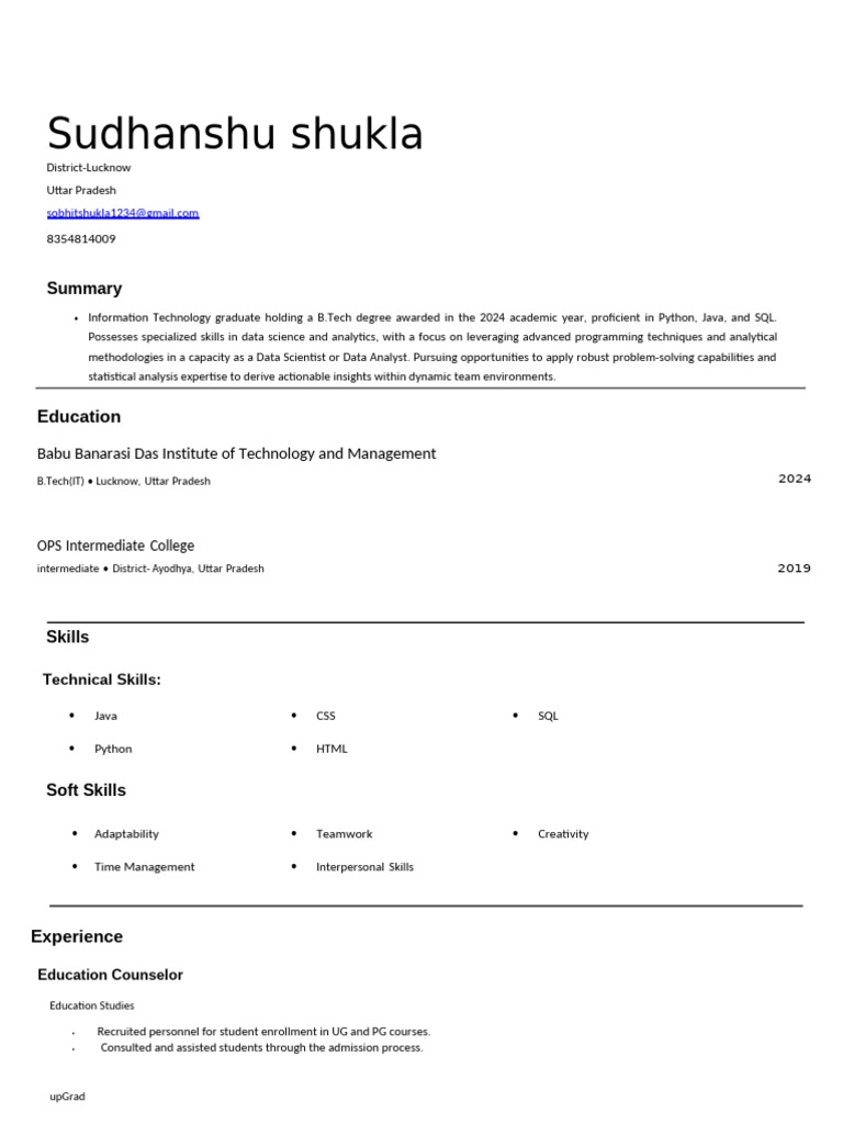 Sudhanshu Shukla Resume Exp. | PDF | Data Science | Computer Programming