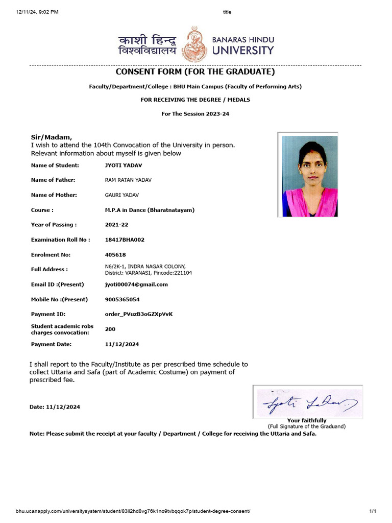 BHU Convocation Consent Form 2023 | PDF