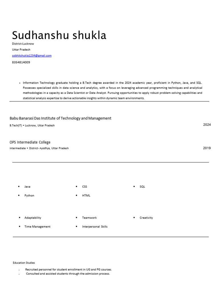 Sudhanshu Shukla Resume Exp. | PDF | Data Science | Computer Programming