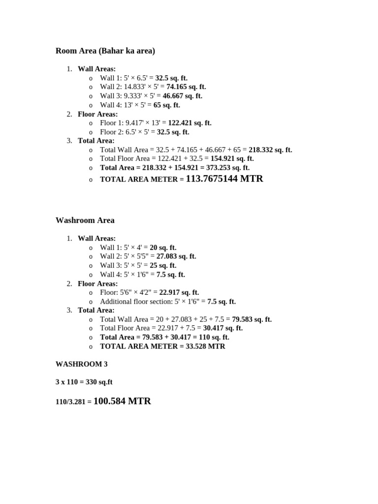 Washroom Area Calculation | PDF