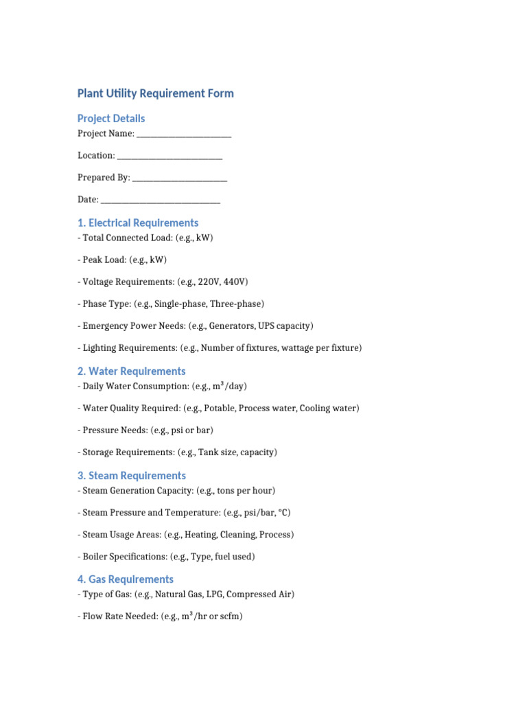 Plant Utility Requirements Checklist | PDF