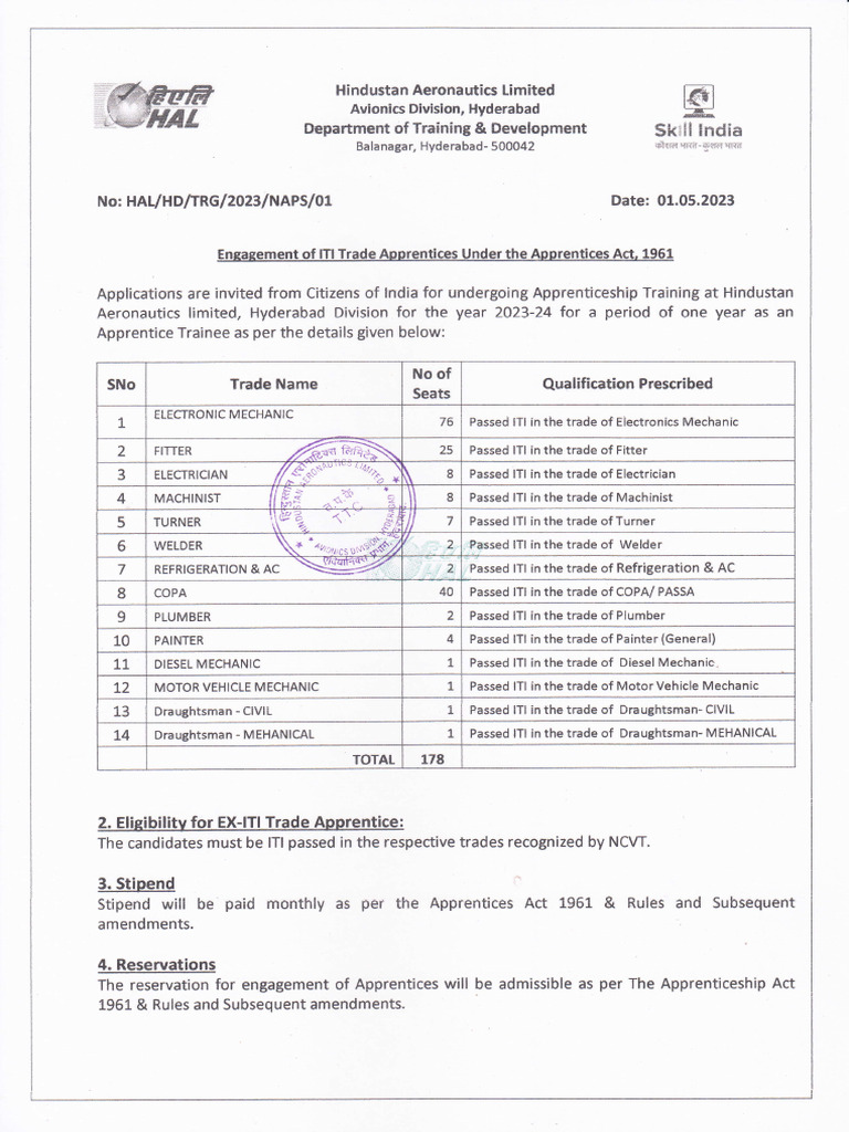1825 CareerPDF1 HAL Hyderabad ITI Apprenticeship Notification 2023 24 NAPS | PDF | Apprenticeship