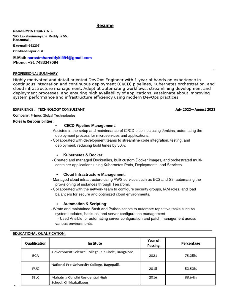 Narasimhareddykl CV | PDF | Cloud Computing | Computing