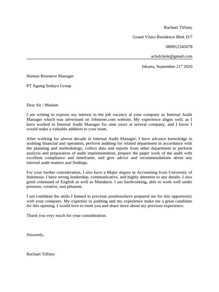Internal Audit Manager Application Letter | PDF
