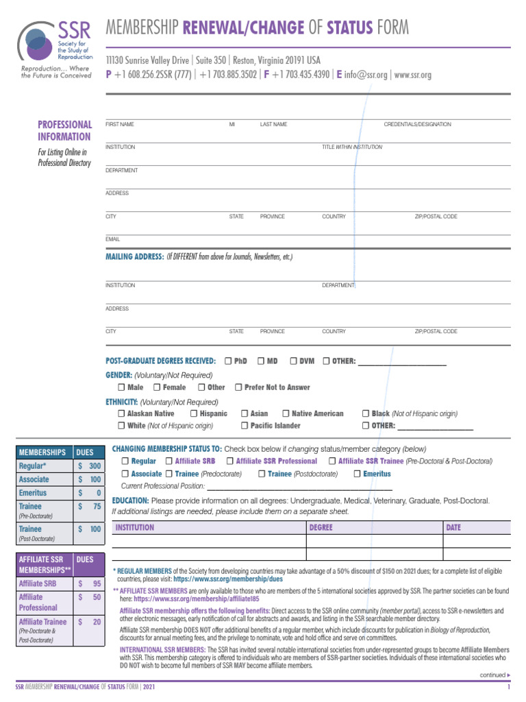 SSR Membership Renewal Form | PDF | Ovary | Reproductive System