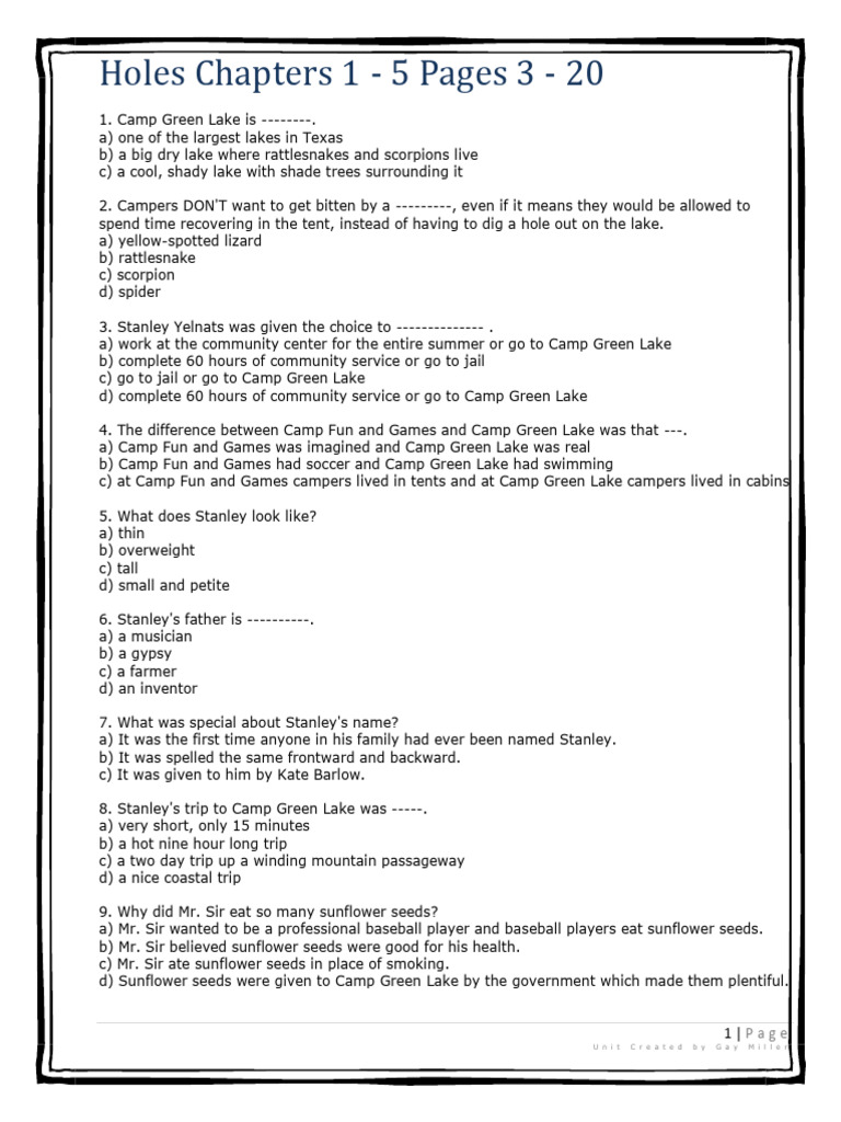 Holes Chapters 1-5 | PDF | Reading Comprehension