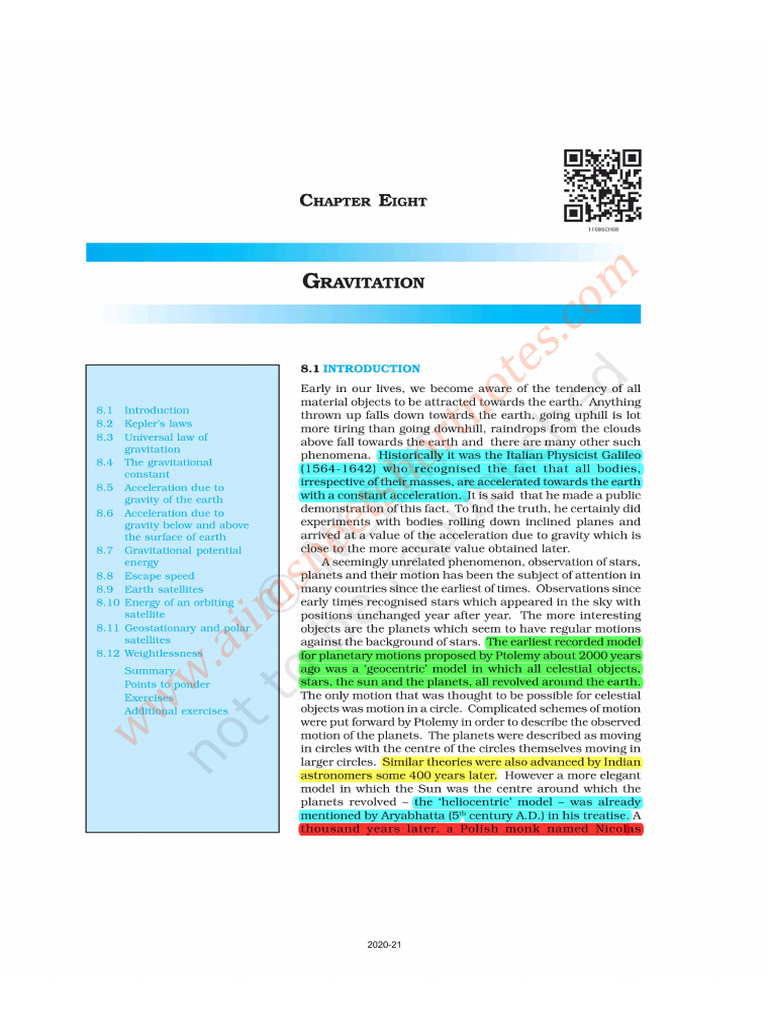 Gravitation NCERT Highlights | PDF