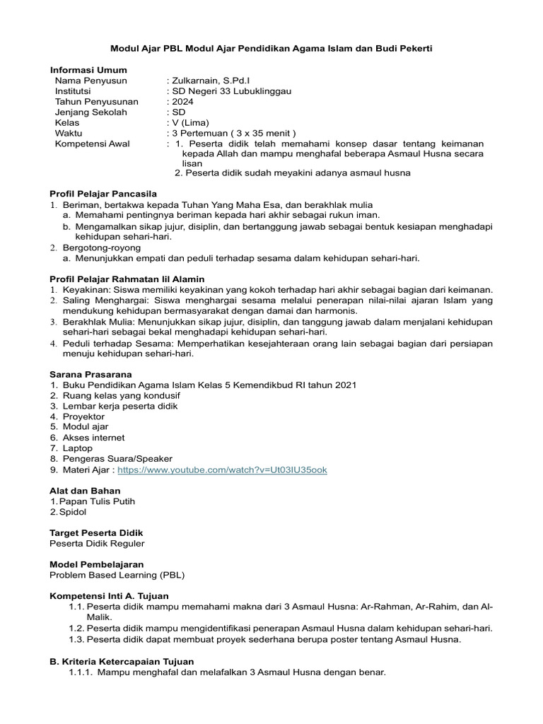 Tugas 5 Modul Ajar PBL-Asmaul Husna | PDF