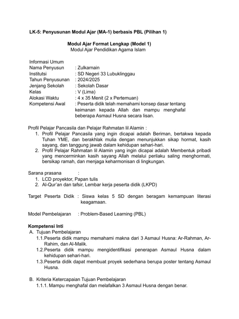 Tugas 5 - Penyusunan Modul Ajar PBL | PDF