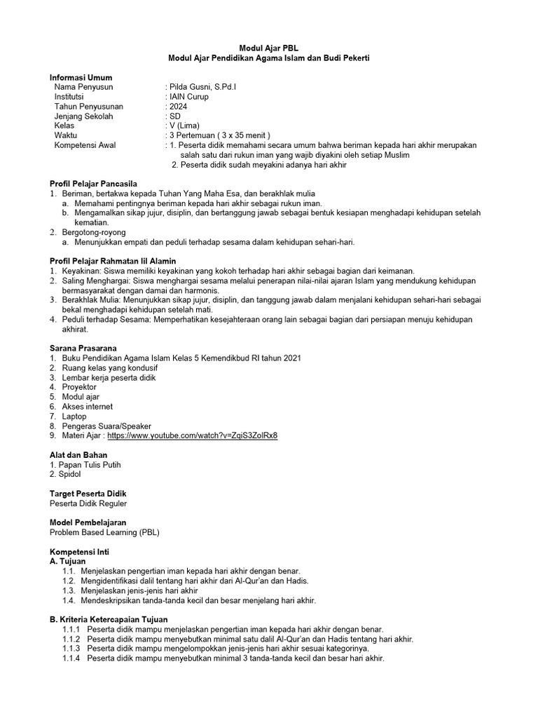 Tugas 5 Modul Ajar PBL-Makna Hari Akhir | PDF
