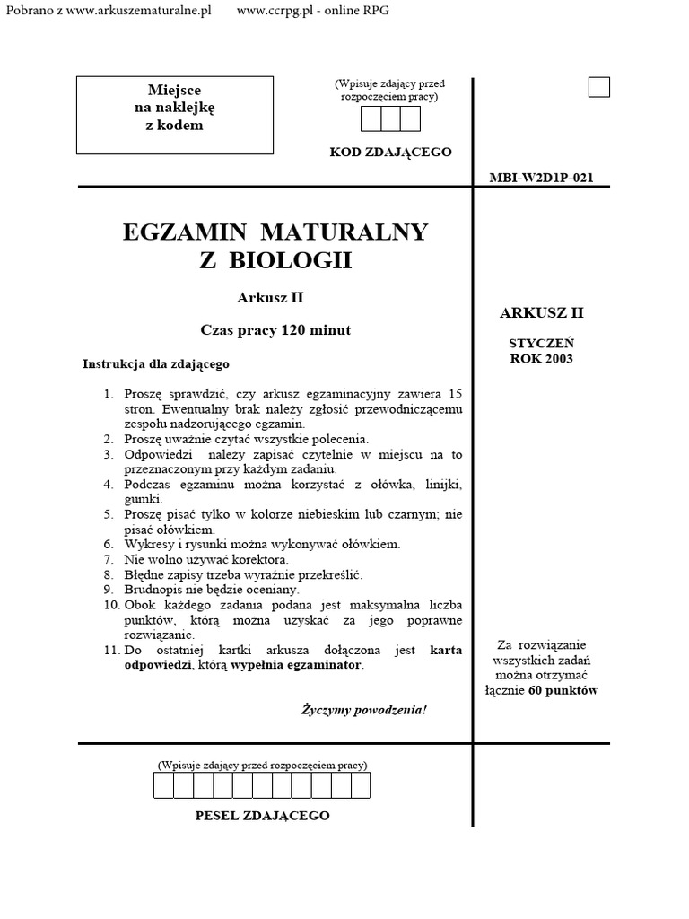 8 Arkusz - Biologia - Poziom - R - Rok - 2003 - CKE - I | PDF