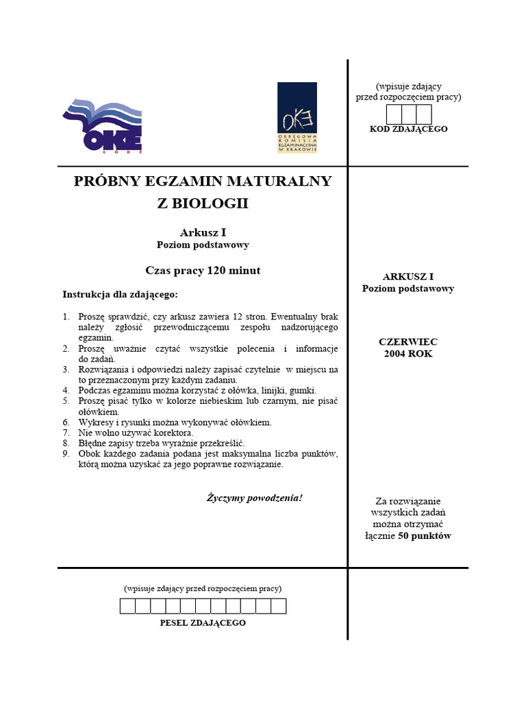 11 Arkusz Biologia Poziom p Rok 2004 CKE VI | PDF
