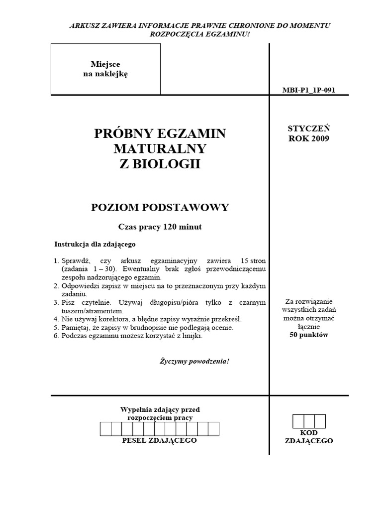 47 Arkusz Biologia Poziom P Rok 2009 OKE I | PDF