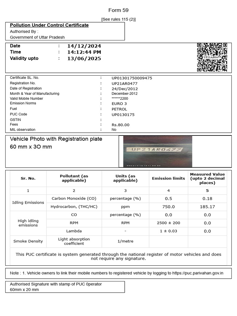 Vehicle Pollution Certificate | PDF | Exhaust Gas | Air Pollution