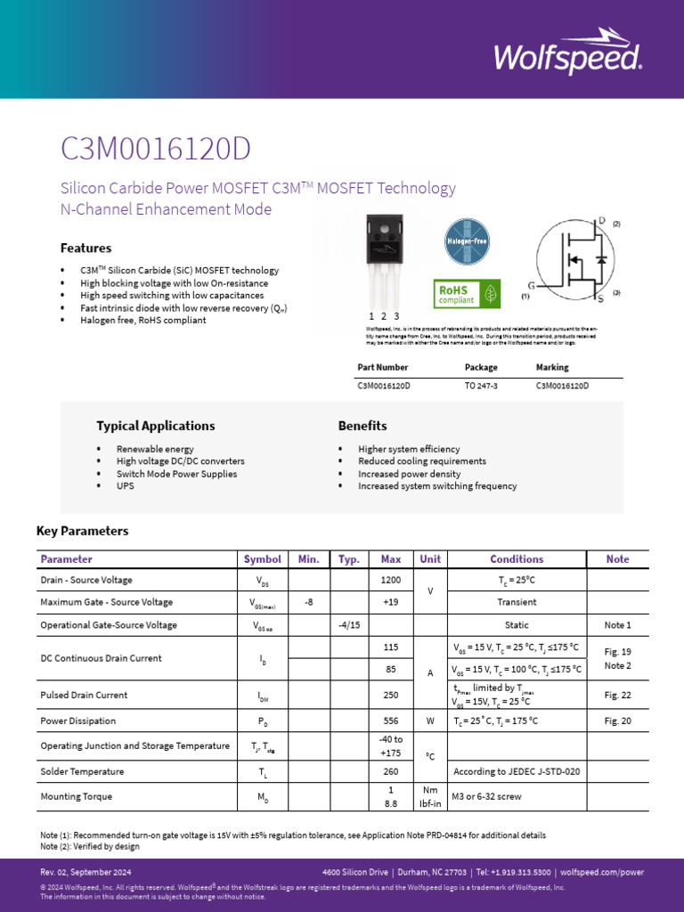 Wolfspeed C3M0016120D Data Sheet | PDF | Field Effect Transistor | Mosfet