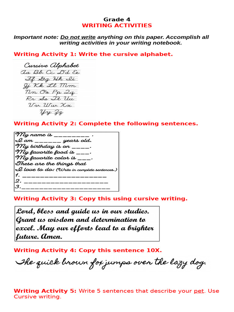 Grade 4 Cursive Writing Activities | PDF | Writing | Written Communication