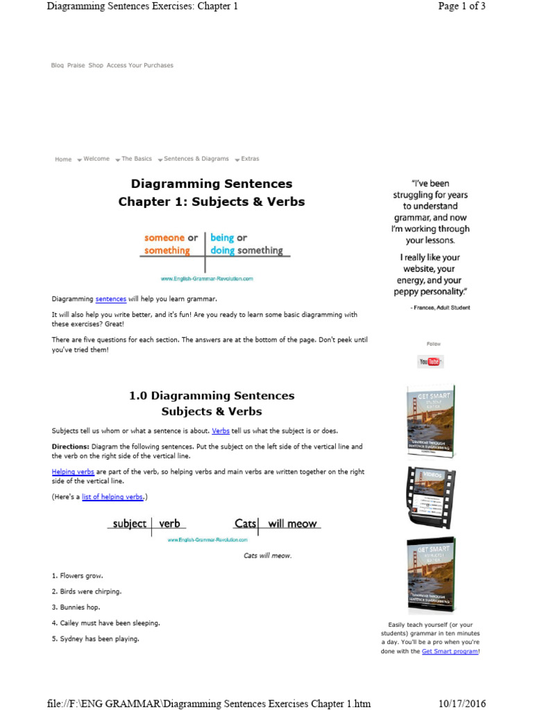 Diagramming Sentences Exercises Chapter | PDF | Subject (Grammar ...