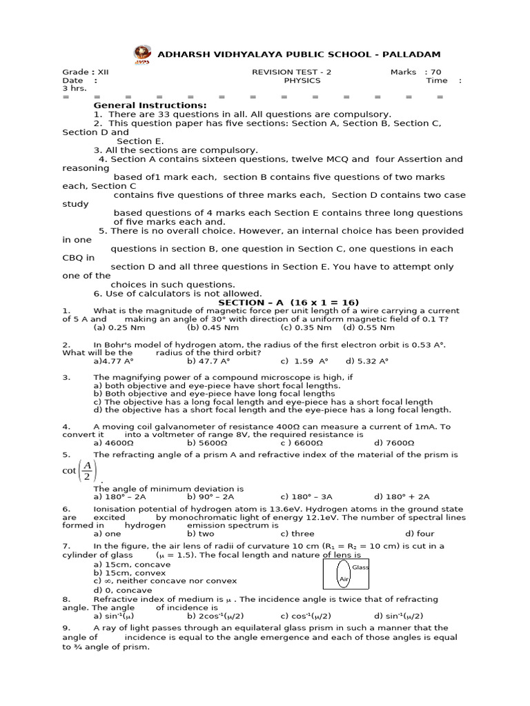 Physics Revision Test for Grade XII | PDF | Optical Fiber | Optics