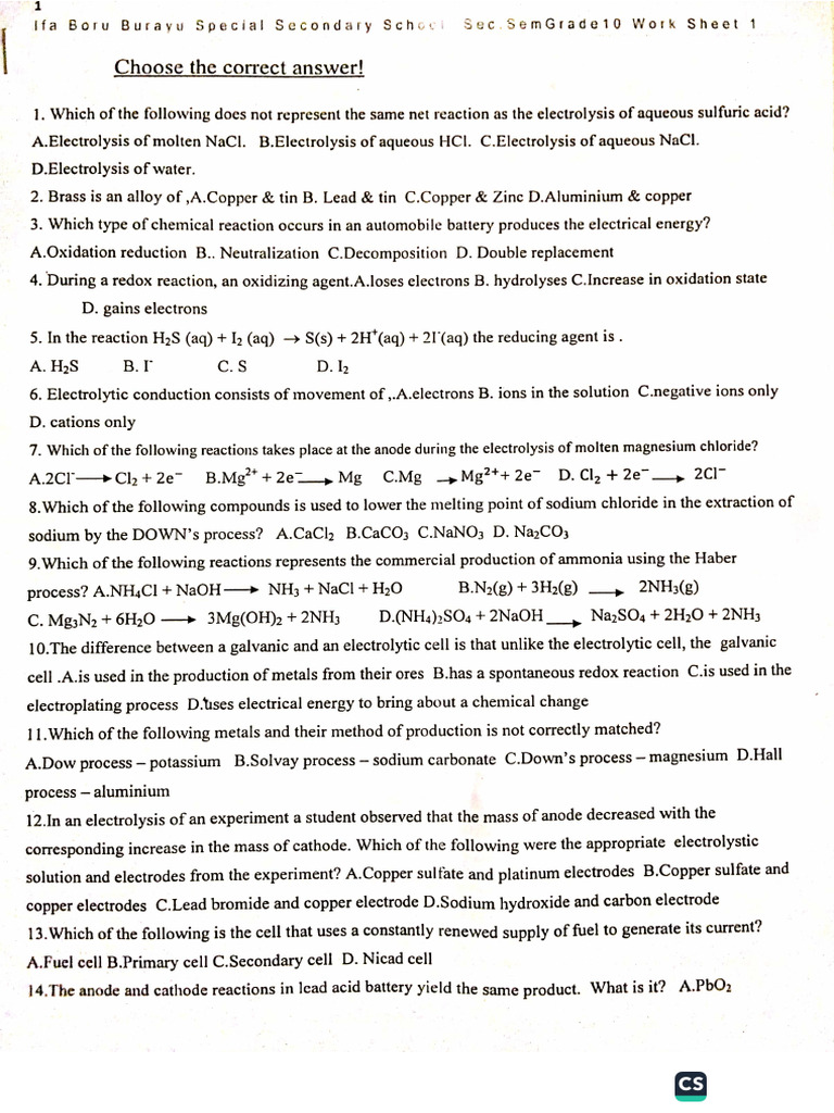 Chemistry Worksheet Grade 10 | PDF