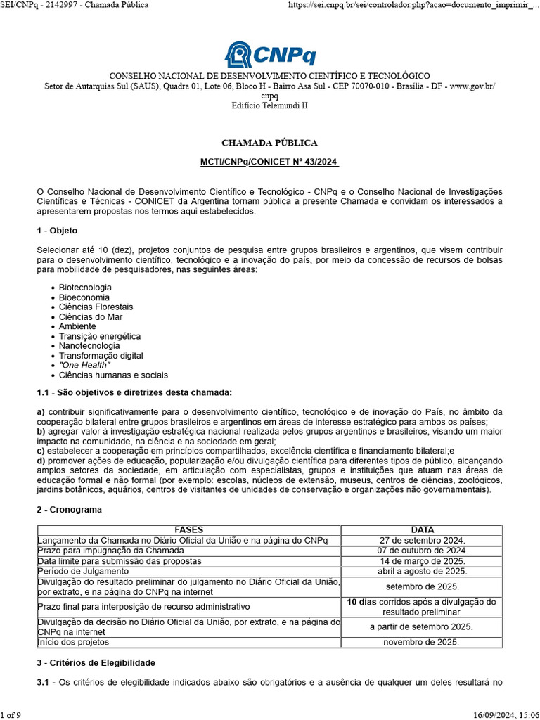 SEI_CNPq - 2142997 - Chamada P¿blica_43-2024 | PDF | Science