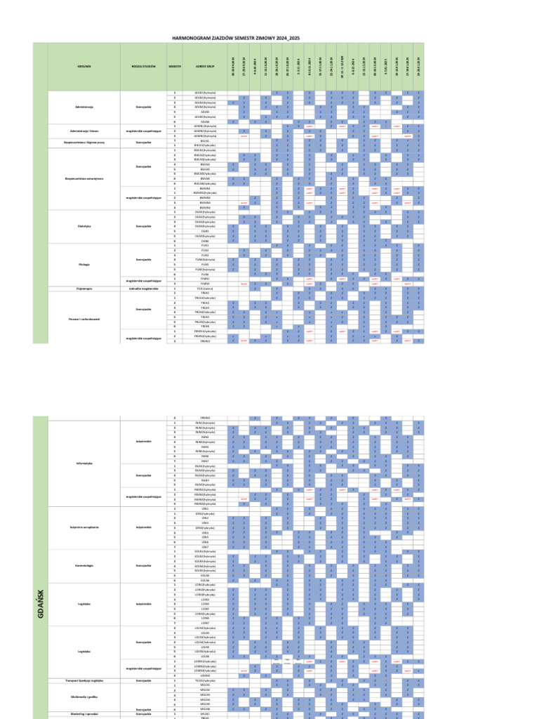 Harmonogram Zjazdów Semestr Zimowy 2024 - 25 | PDF