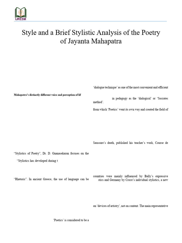 Style and A Brief Stylistic Analysis of The Poetry Og Mahapatra | PDF ...