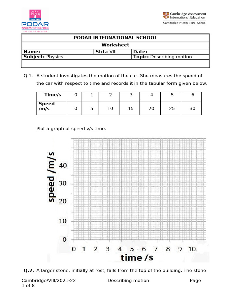 Worksheet_Cambridge_VIII_Phy_Ch 2 Describing motion (1) | PDF | Speed ...