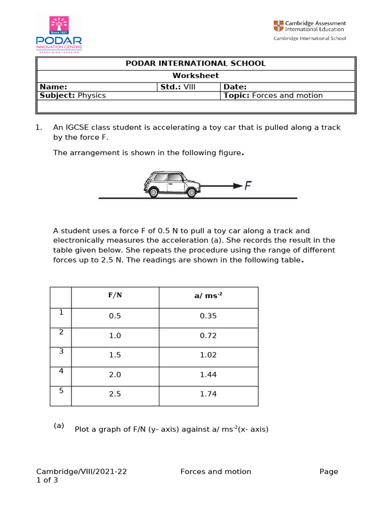 Worksheet - Cambridge - VIII - Phy - Unit 3 Force and Motion | PDF ...