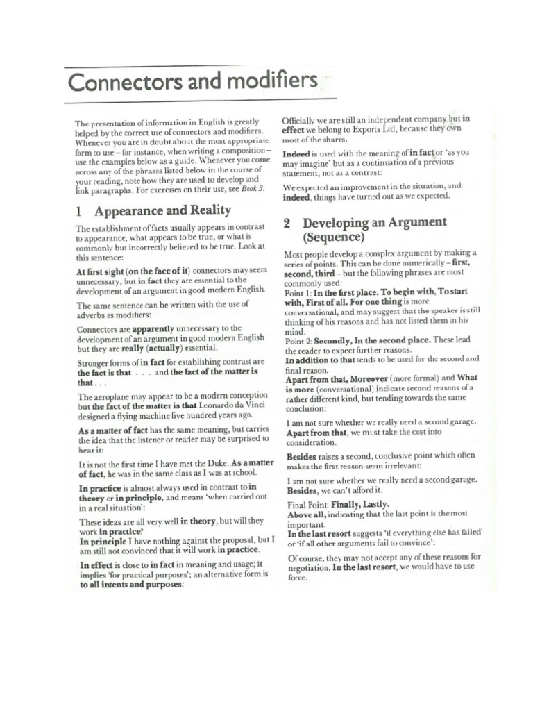 Connectors and Modifiers - Explanations and Examples in Categories | PDF