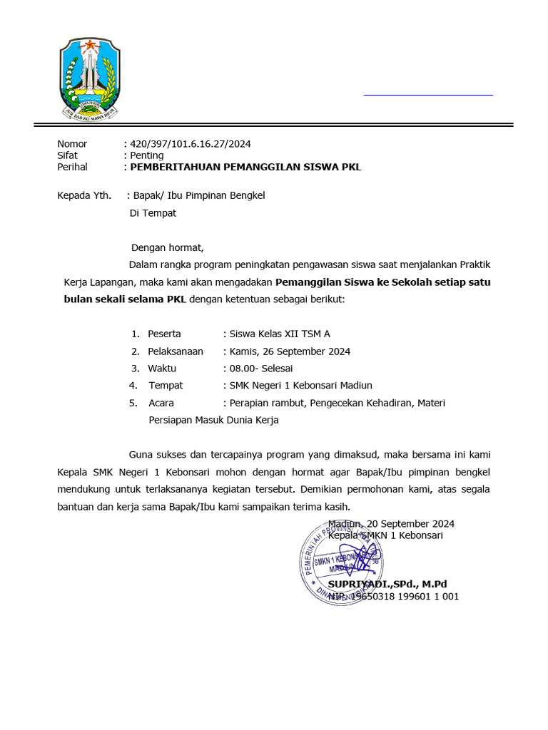 Pemanggilan Siswa PKL SMK | PDF