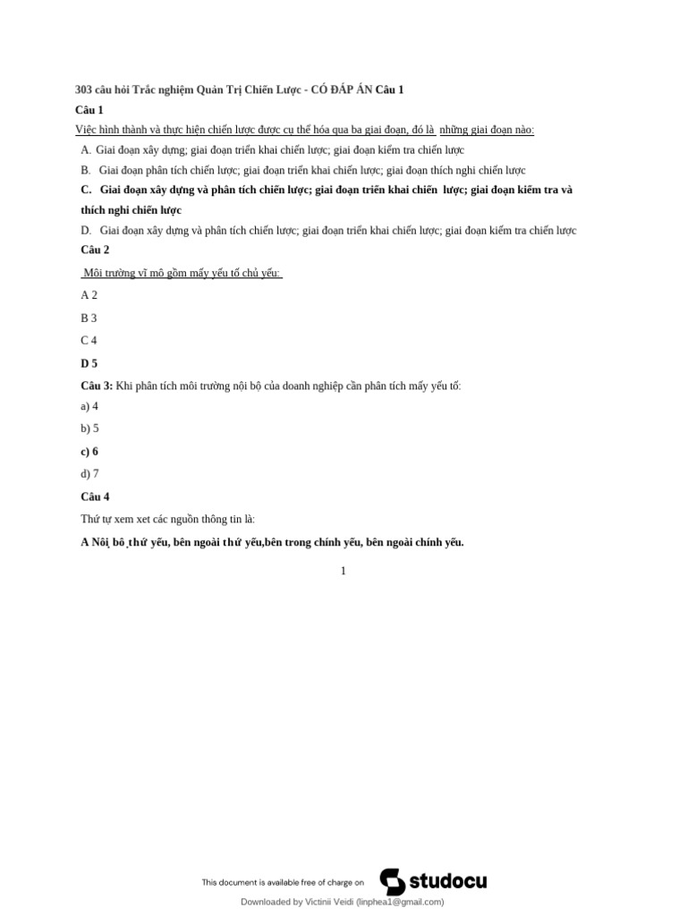 303 Cau Hoi Trac Nghiem Quan Tri Chien Luoc Co Dap An | PDF