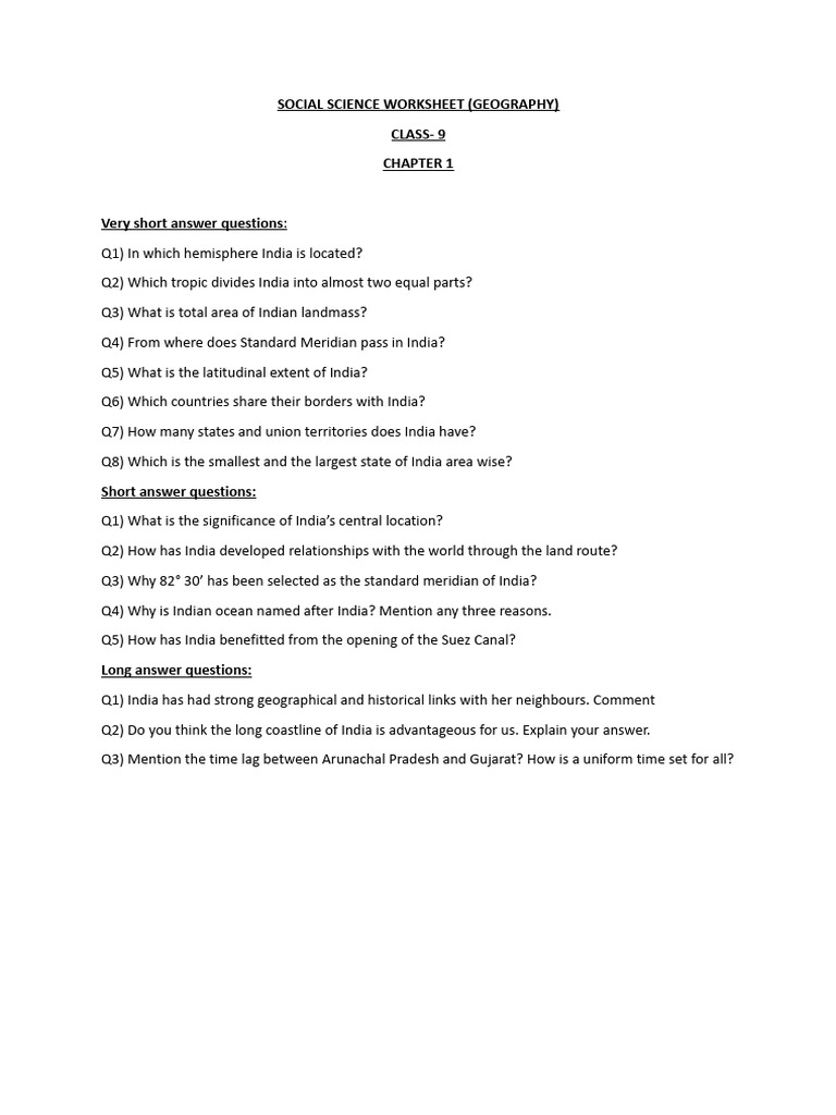 Social Science Worksheet Class 9th May 19 | PDF