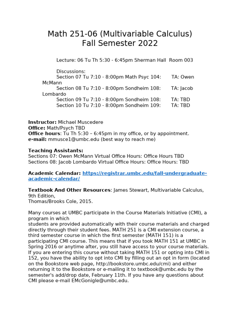 Math251 06fall22-Syllabus | PDF | Integral | Derivative