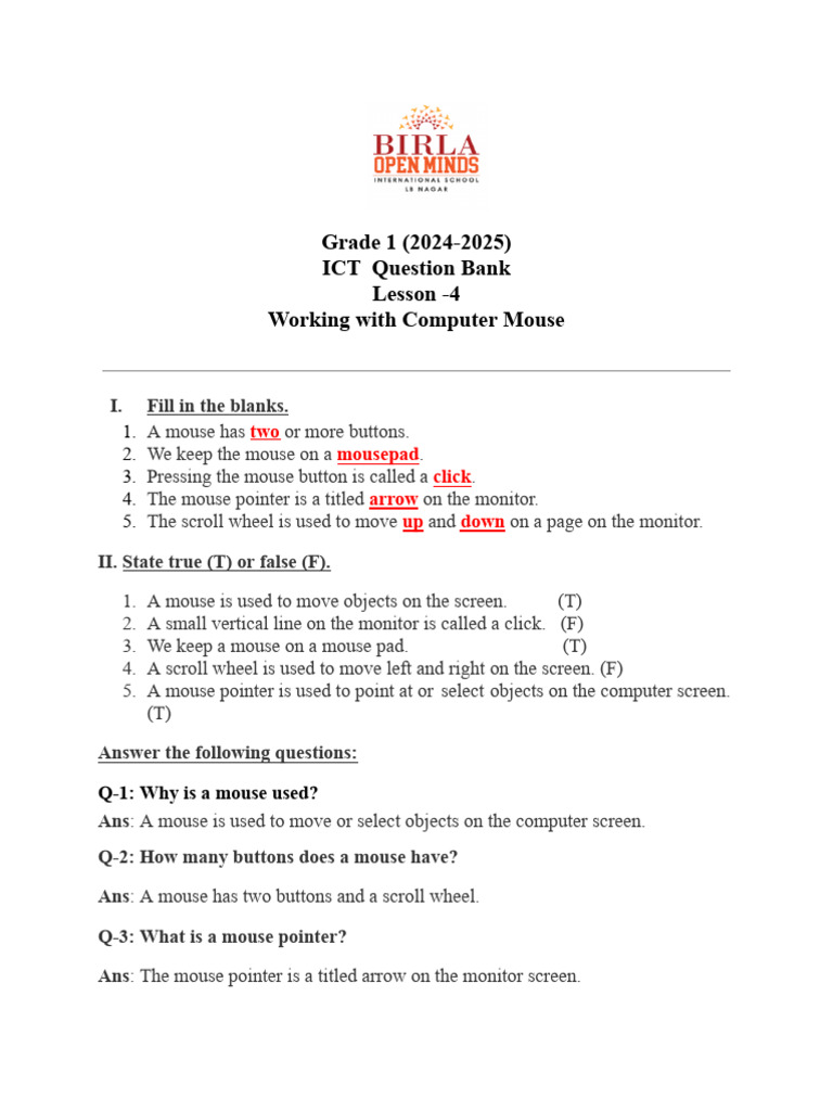 Grade 1 ICT Mouse Lesson Questions | PDF