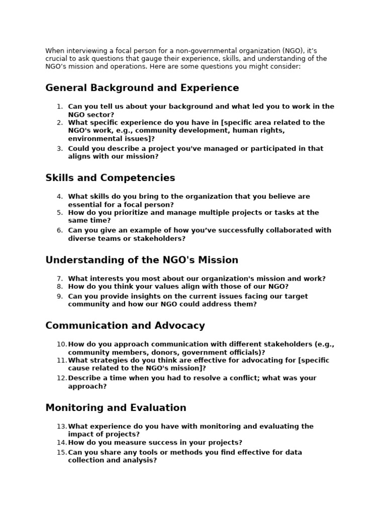 Interview Questions for NGO Focal Person | PDF | Non Governmental ...
