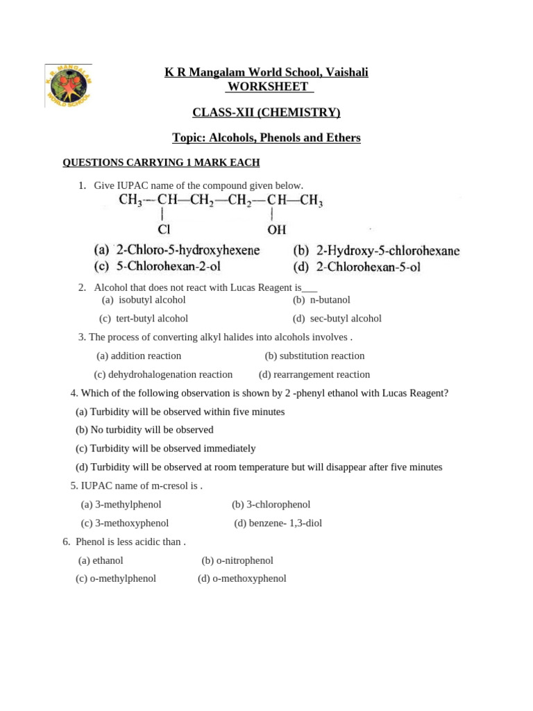 Class 12 Chemistry: Alcohols, Phenols, Ethers Worksheet | PDF | Ether | Chemical Reactions