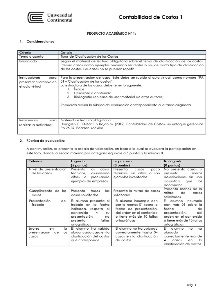 PA 01 - Clasificación de Los Costos | PDF | Costo | Contabilidad