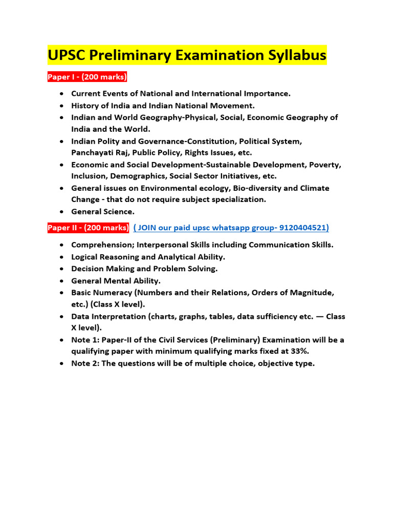 UPSC Preliminary Examination Syllabus | PDF