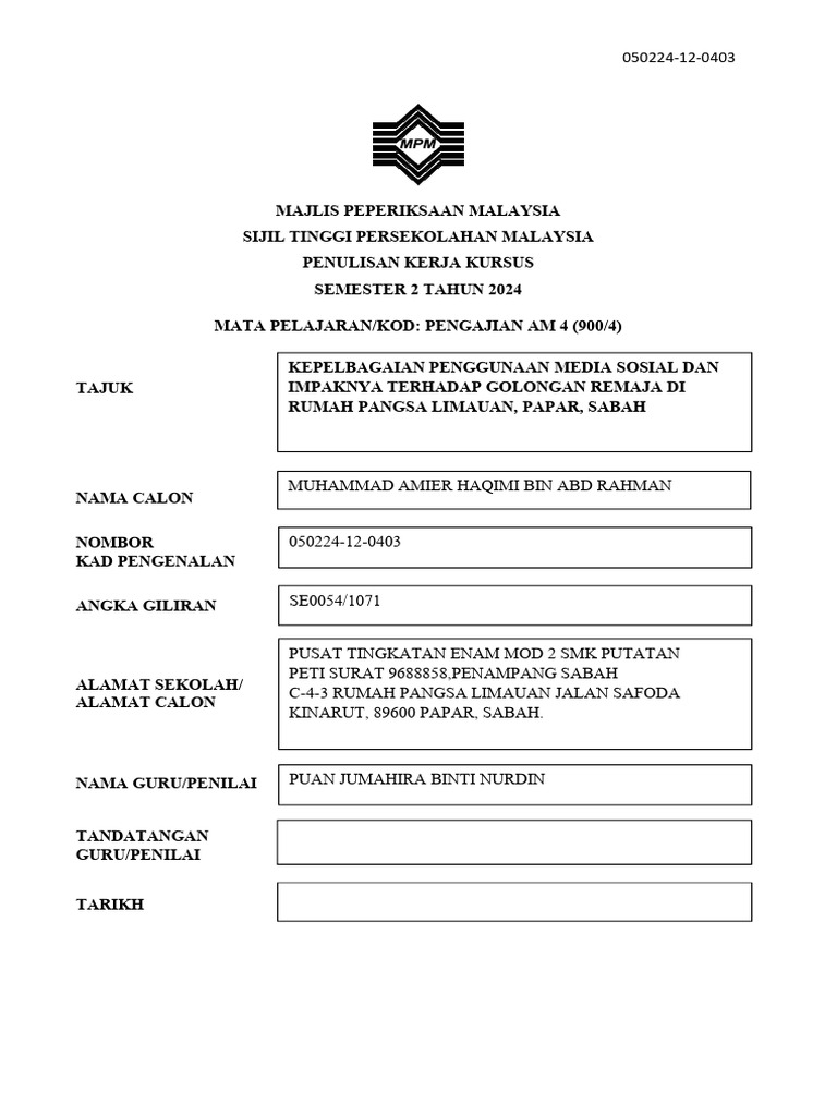 Kerja Kursus Pengajian Am 2024. Amier Haqimi (Sains Sosial 1) | PDF