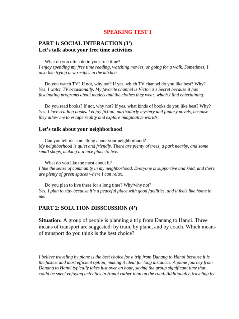 Speaking Test (Format Vstep) | PDF | Housing | Adolescence