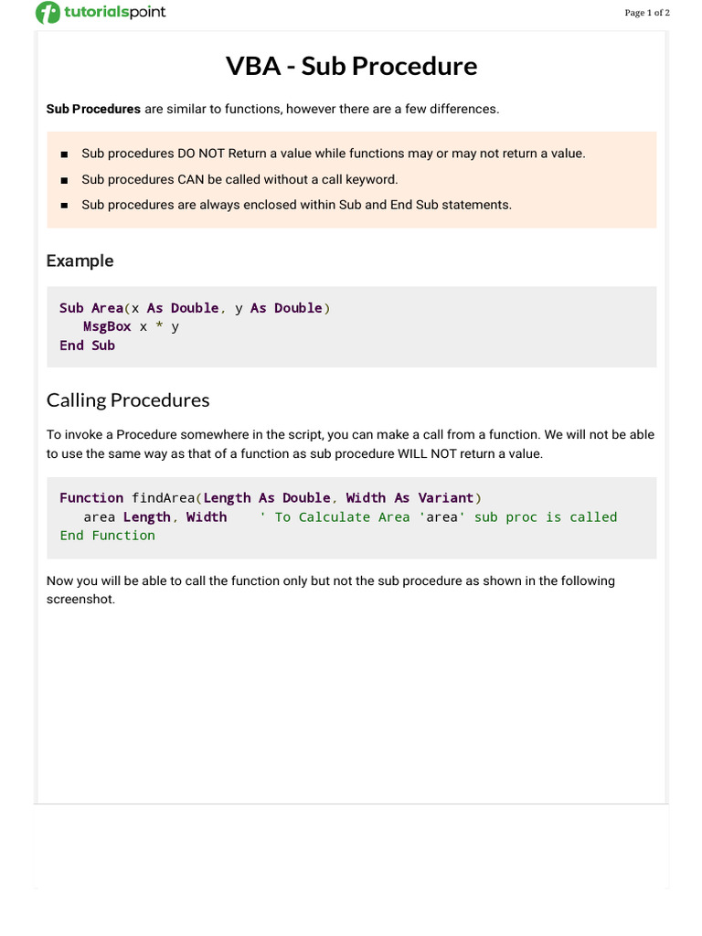 VBA - Sub Procedure | PDF