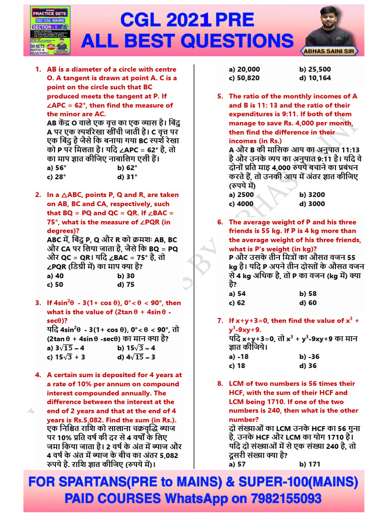 CGL 2021 PRE Best Ques by Abhas Sir | PDF