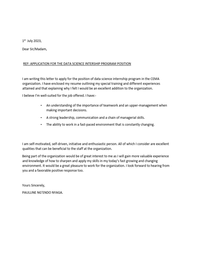 Cover Letter Data Science Intership | PDF