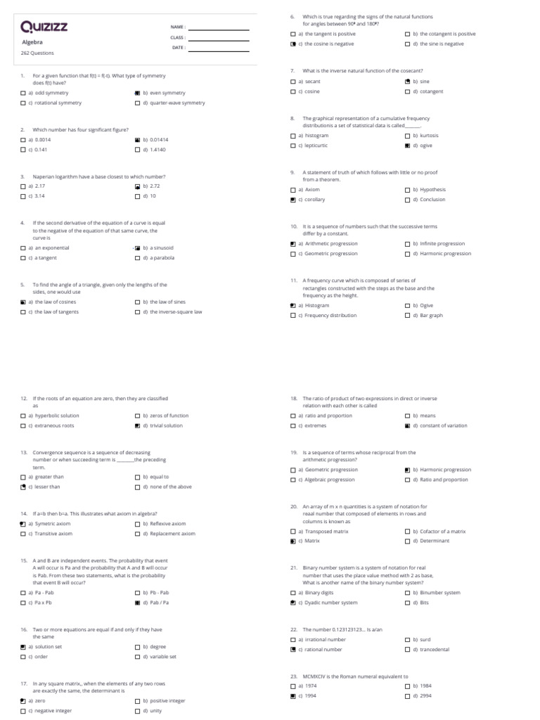 1. Algebra (100 Questions) | PDF | Numbers | Equations