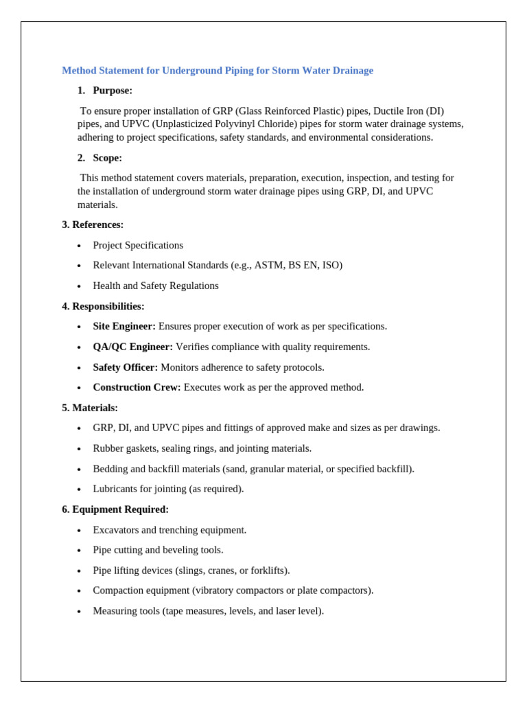Method Statement For Underground Piping For Storm Water Drainage | PDF ...